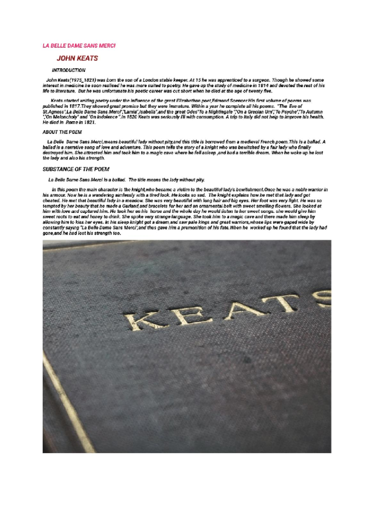 JHON KEATS POEM EXPLANATION - BA Economics - Studocu