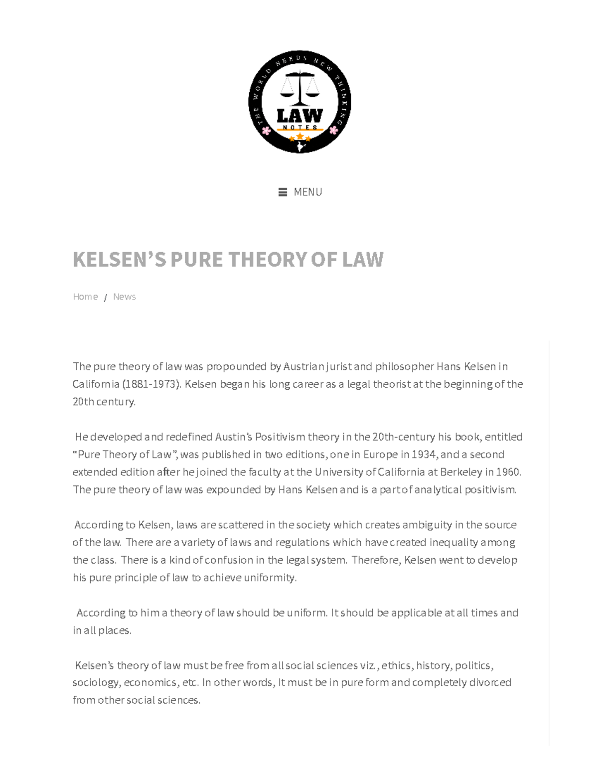 Kelsen’S PURE Theory OF LAW – LAW Notes - The pure theory of law was ...