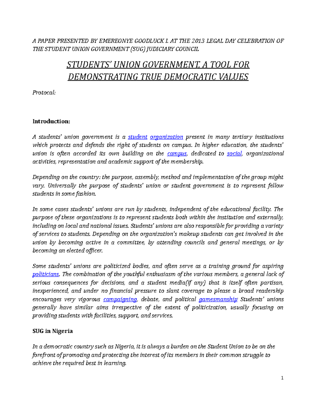 Students Union Government A TOOL FOR DEM - A PAPER PRESENTED BY ...