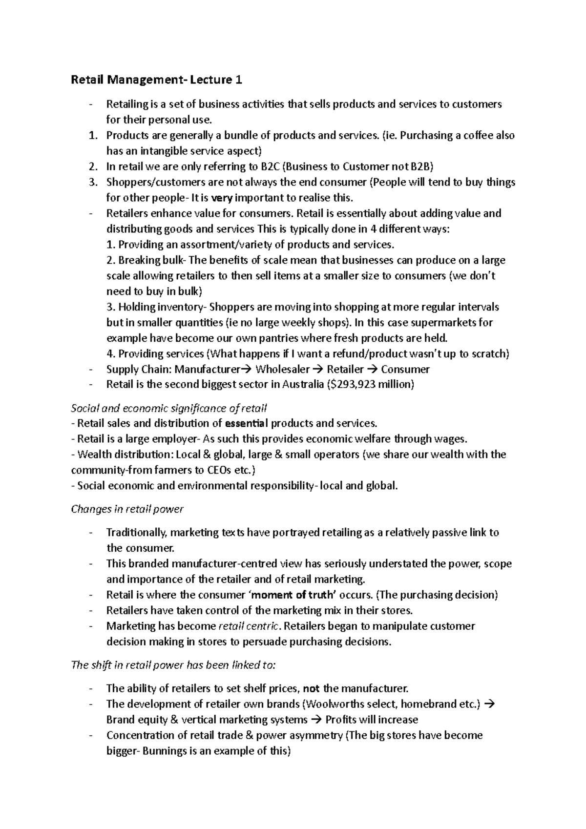 Retail Management- Lecture Notes - Retail Management- Lecture 1 ...