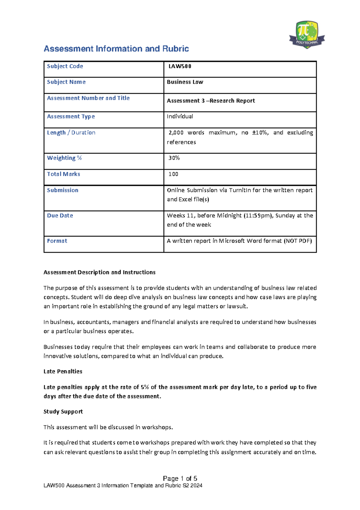 LAW500 Assessment 3 Information Template and Rubric S2 2024 - Page 1 of ...