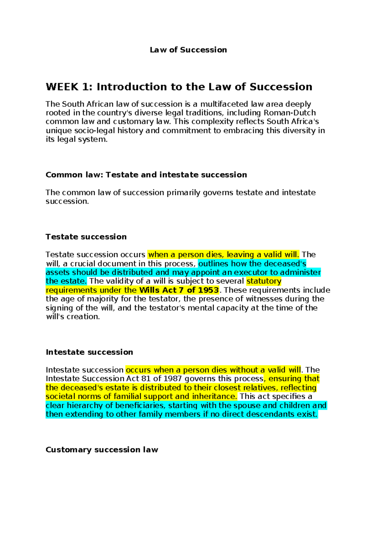 Law of Succession Notes - Law of Succession WEEK 1: Introduction to the ...