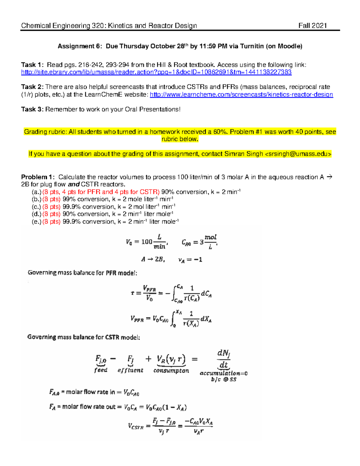 Kinetics and Reactor Design HW06 2021 Solutions - Assignment 6: Due ...