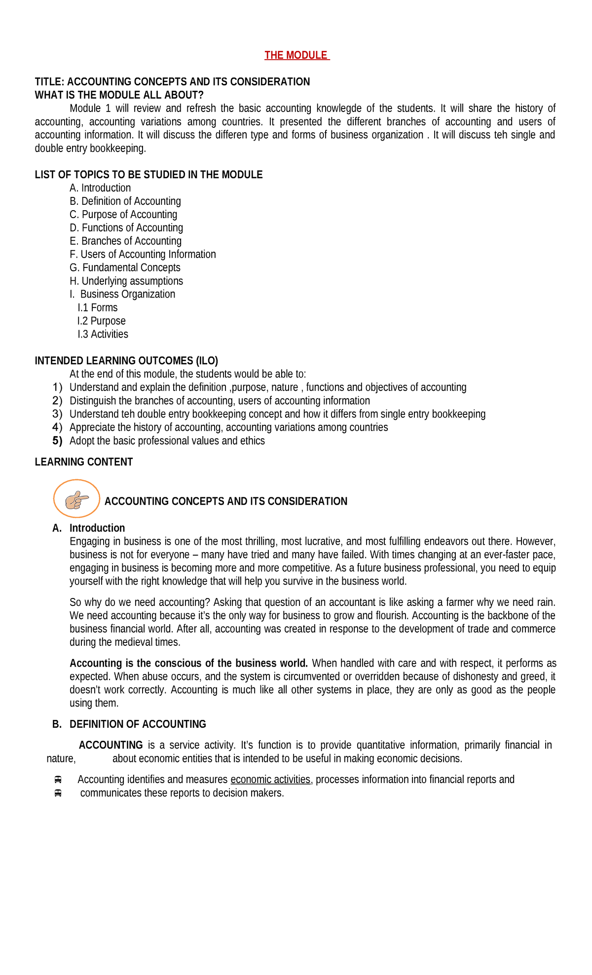 FINANCIAL ACCOUNTING - THE MODULE TITLE: ACCOUNTING CONCEPTS AND ITS ...