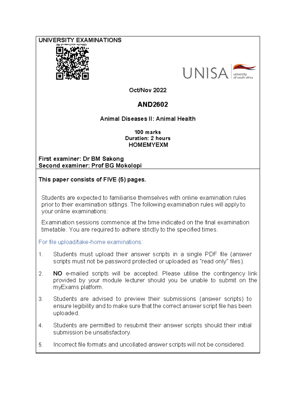 AND2602 Exam Question Paper Oct Nov 2022 - UNIVERSITY EXAMINATIONS Oct ...