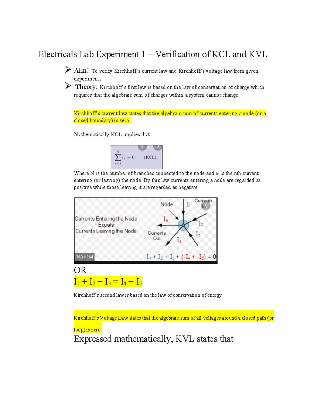 Electricals Lab Experiment - Kirchhoff’s current law states that the ...