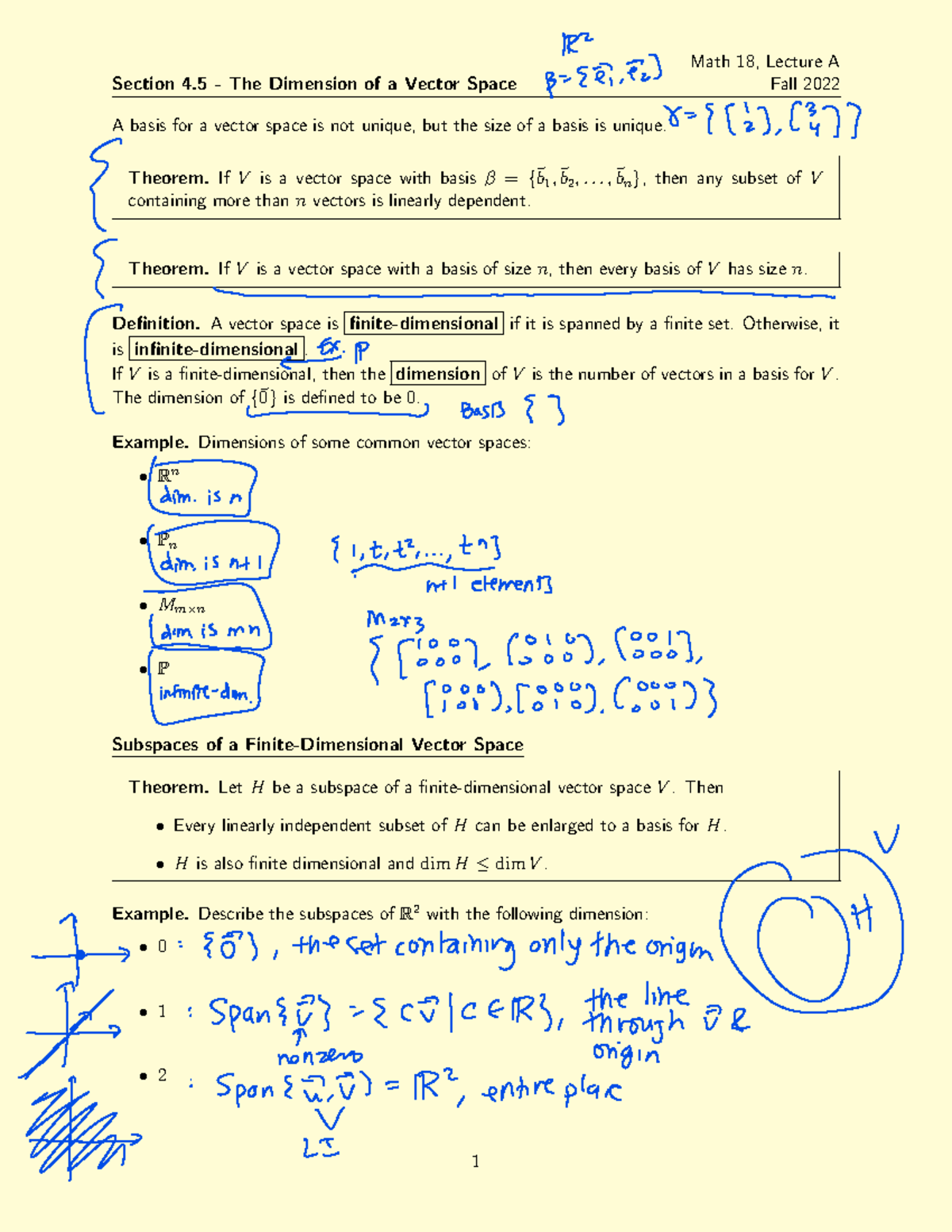 Section 4 - 4.5 - Section 4 - The Dimension of a Vector Space Math 18, Lecture A Fall 2022 A ...