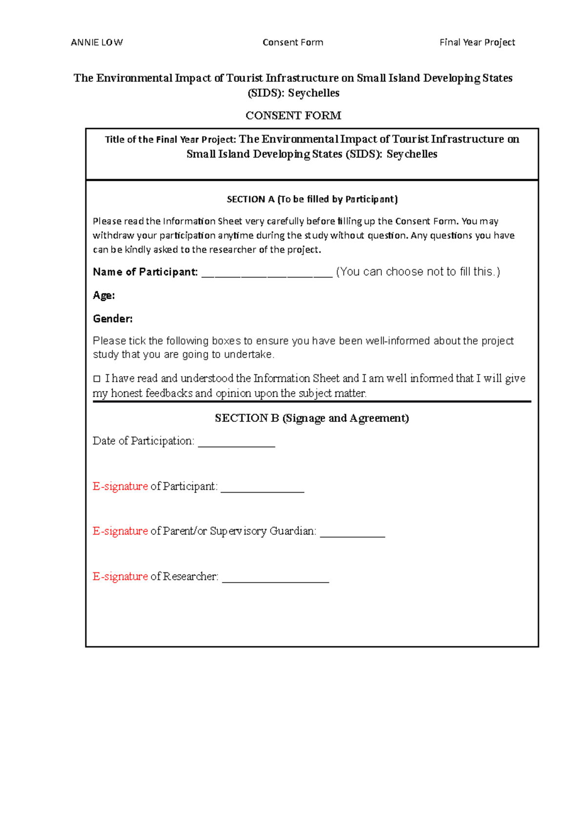 FYP Consent Form-Sample - ANNIE LOW Consent Form Final Year Project The ...
