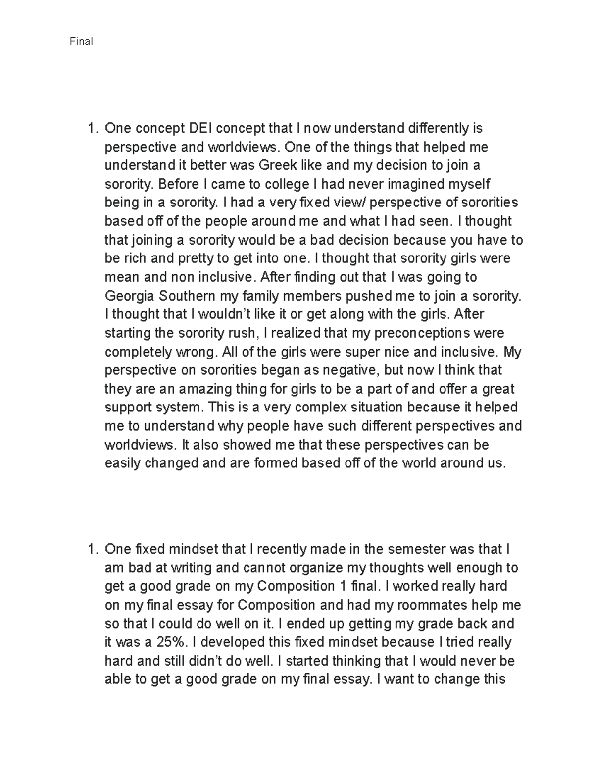 First Year Seminar Final Final One Concept Dei Concept That I Now Understand Differently Is