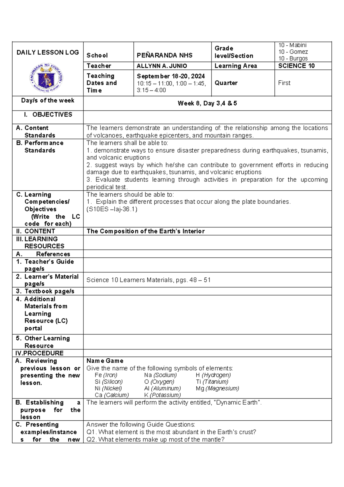 WEEK 8 DAY 2 - lesson in science - DAILY LESSON LOG School PEÑARANDA ...