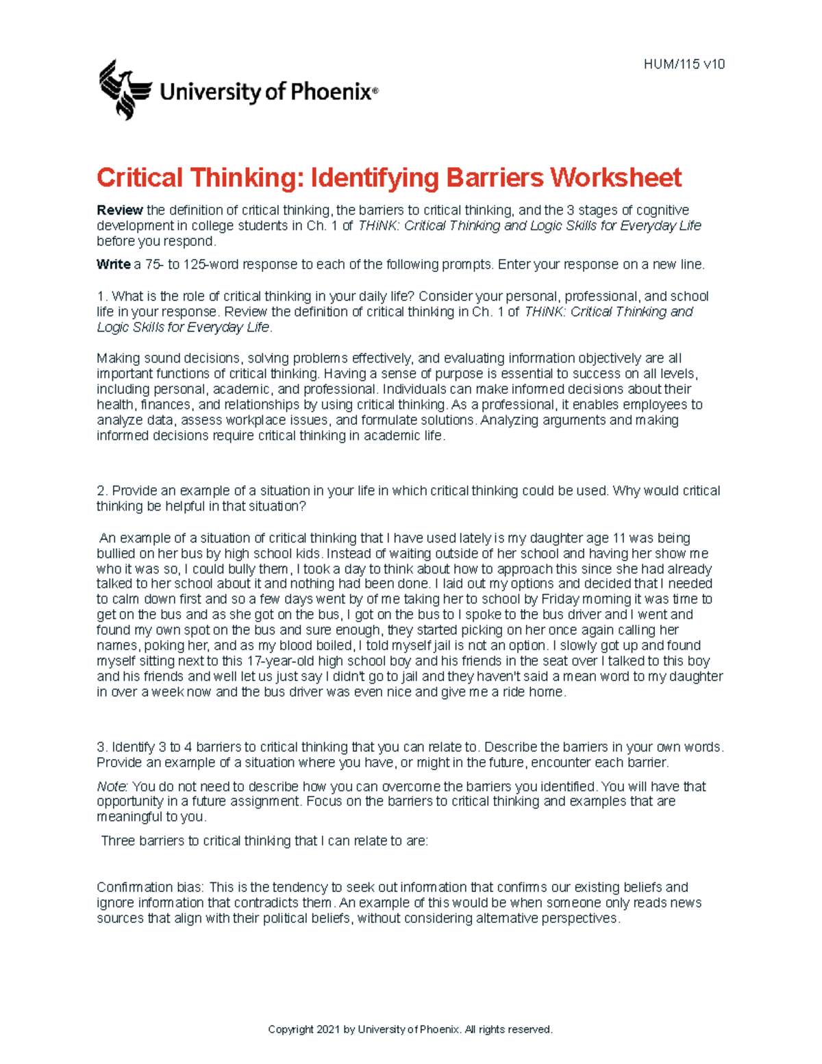 Hum115 v10 wk1 critical thinking identifying barriers worksheet - HUM ...