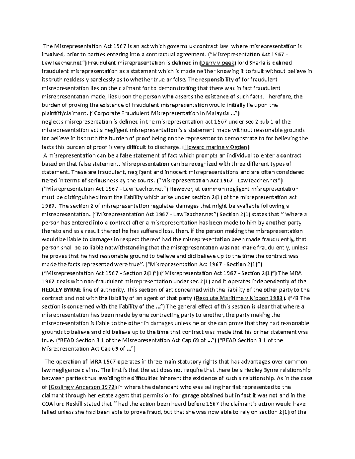 MRA 1967 - ver - The Misrepresentation Act 1967 is an act which governs ...