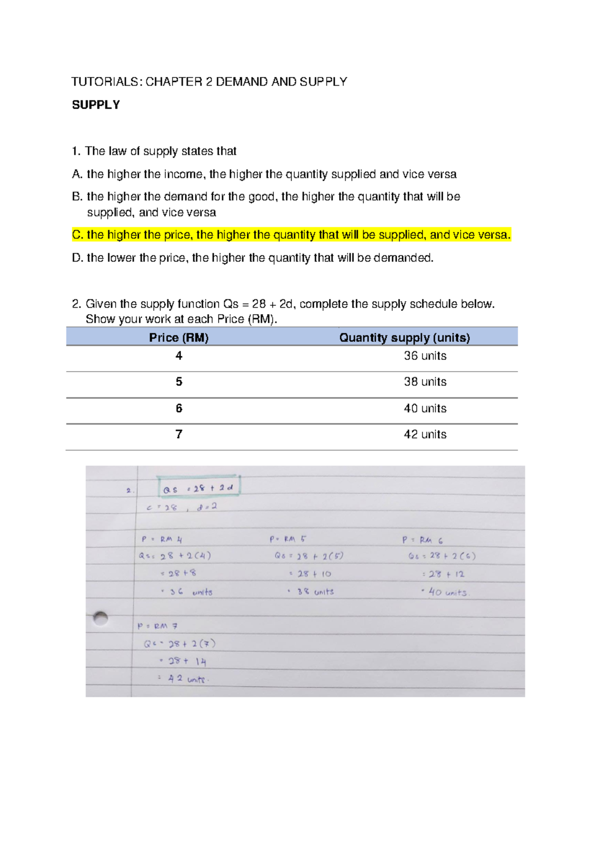 Chapter 2 tutorial- demand n supply answer - microeconomic - UiTM - Studocu