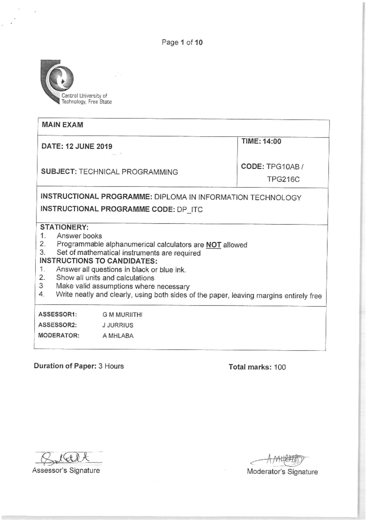 TPG216C M S1 2019 - Previous years question paper - ITS316C - Studocu