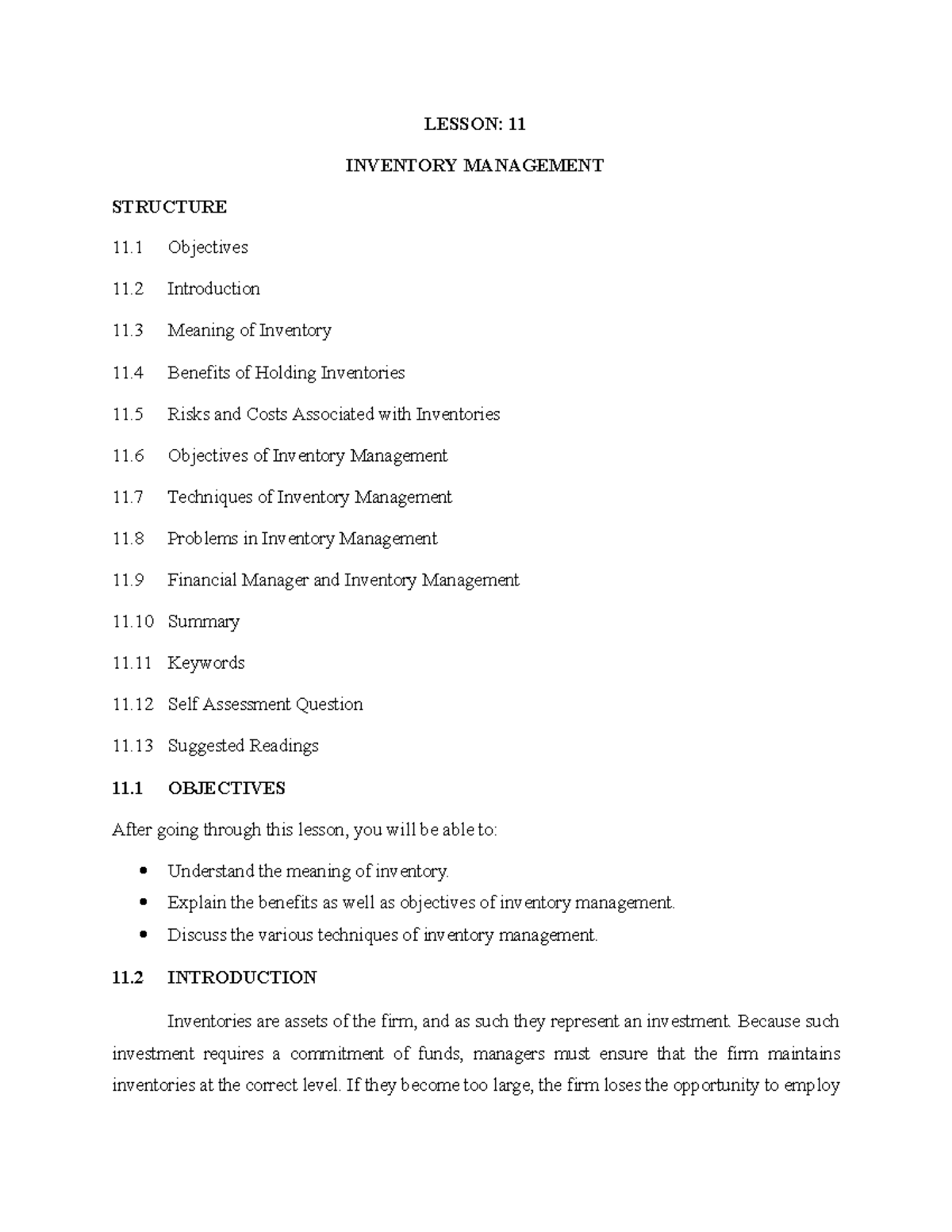 Lesson 11 - LESSON: 11 INVENTORY MANAGEMENT STRUCTURE 11 Objectives 11 ...