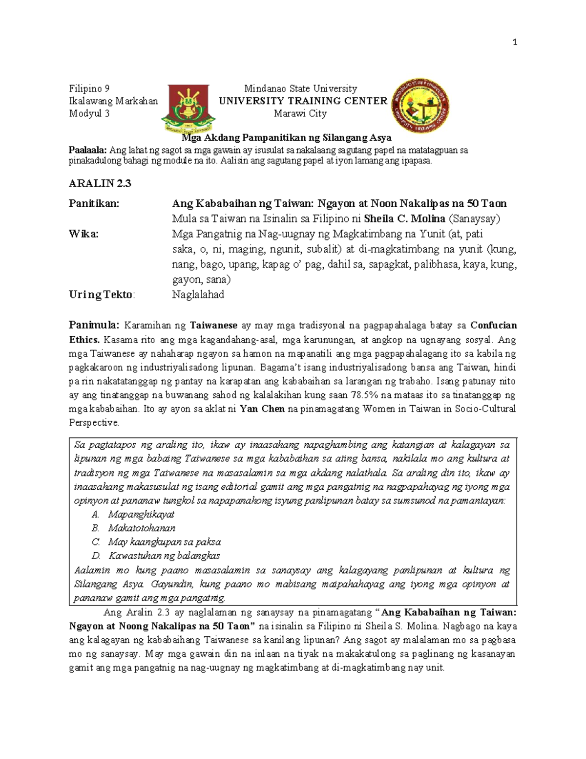 Grade 9 2ND G - LECTURE NOTES SA FILIPINO - Filipino 9 Mindanao State ...