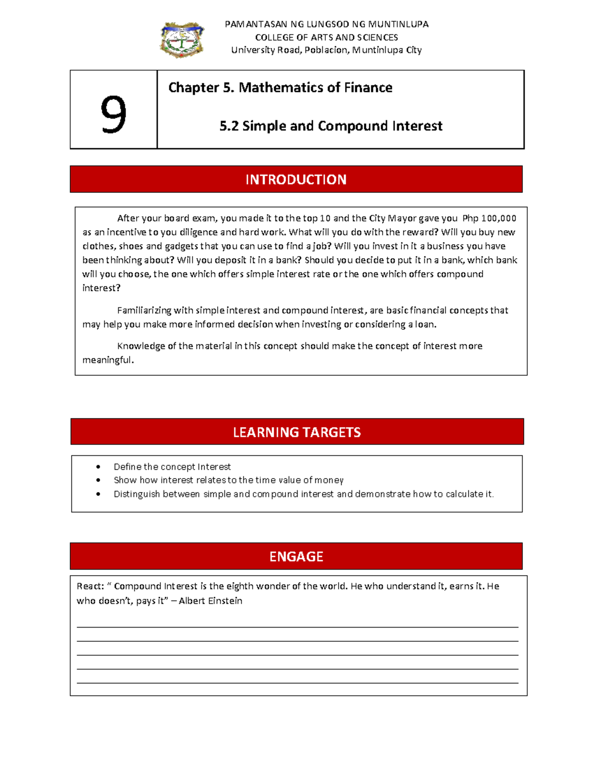 Module 9. Simple and Compound Interest - COLLEGE OF ARTS AND SCIENCES ...