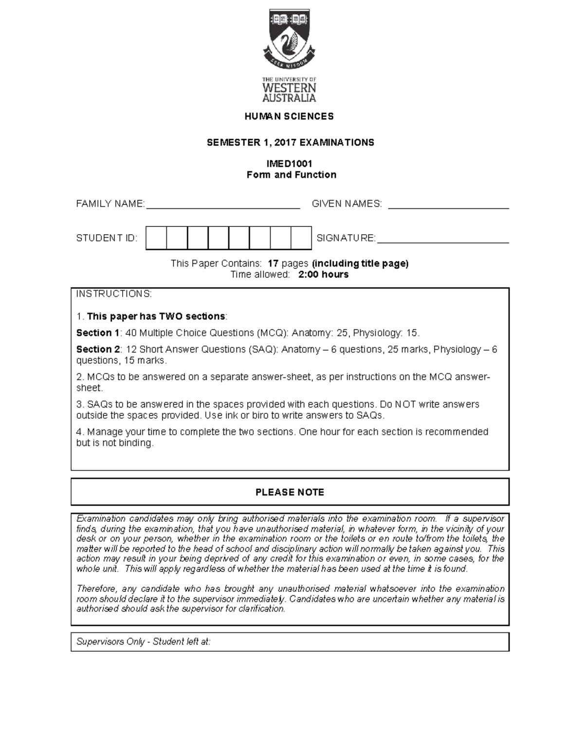 Exam June 2017, questions - HUMAN SCIENCES SEMESTER 1, 2017 ...