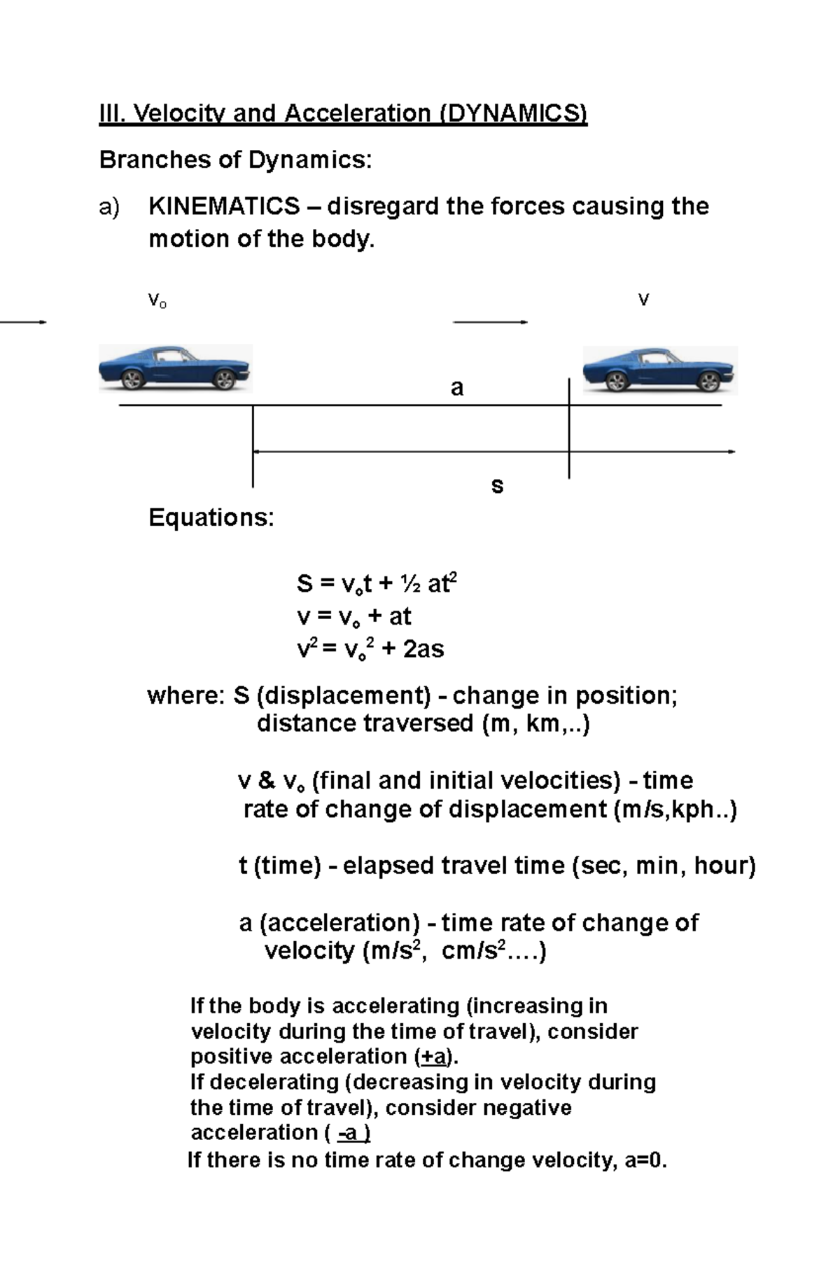 Velocity and Acceleration - III. Velocity and Acceleration (DYNAMICS ...