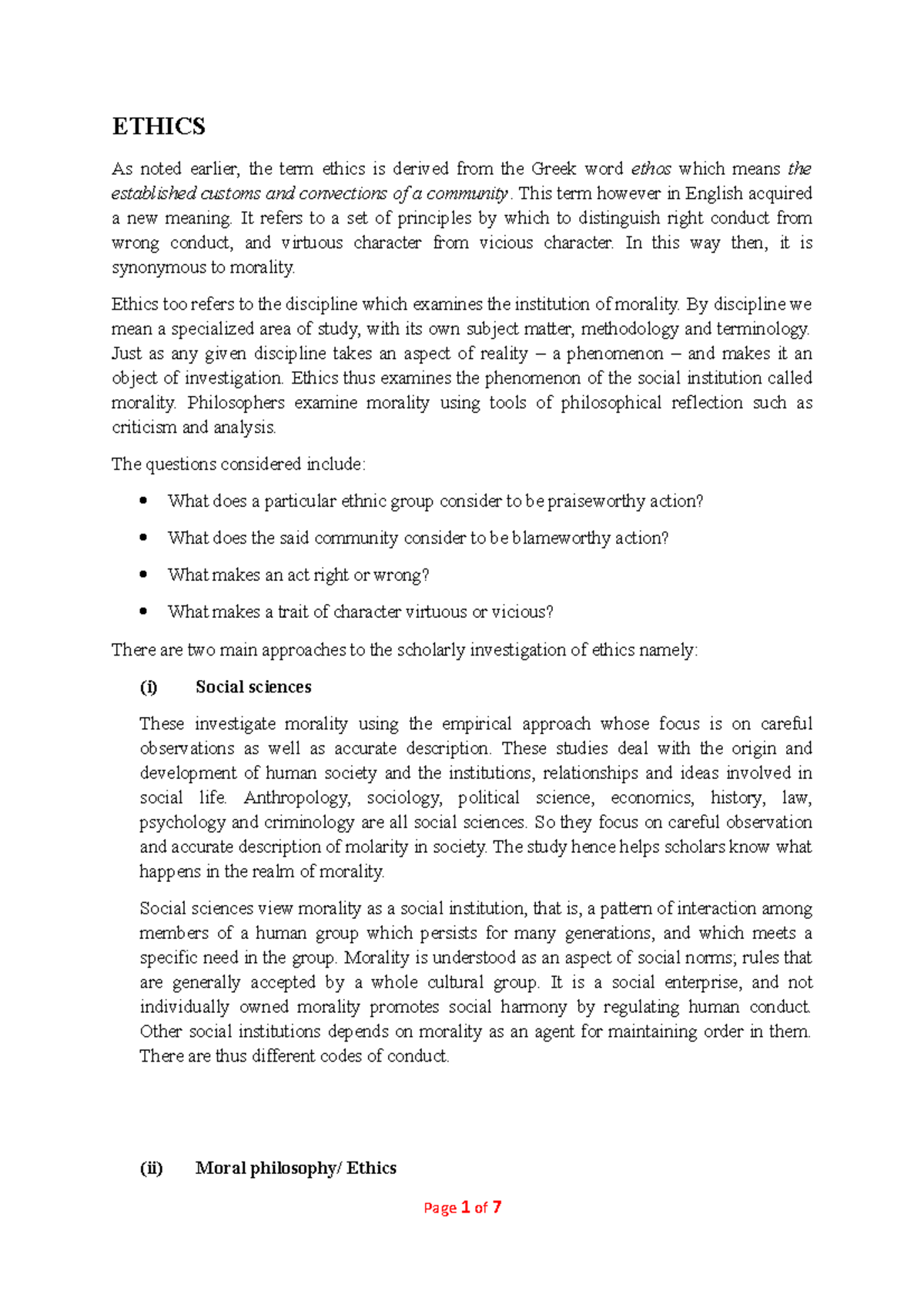 Ethics - This notes contains summarized points directly underlined from ...