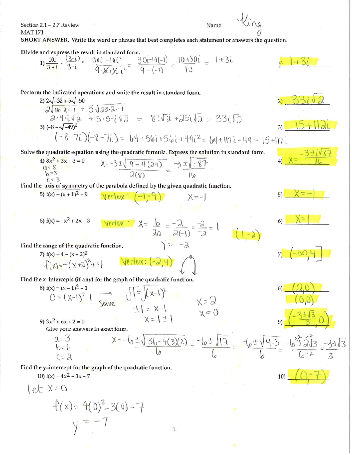 2.1-2.7 Review Solutions - MAT 171 - Studocu