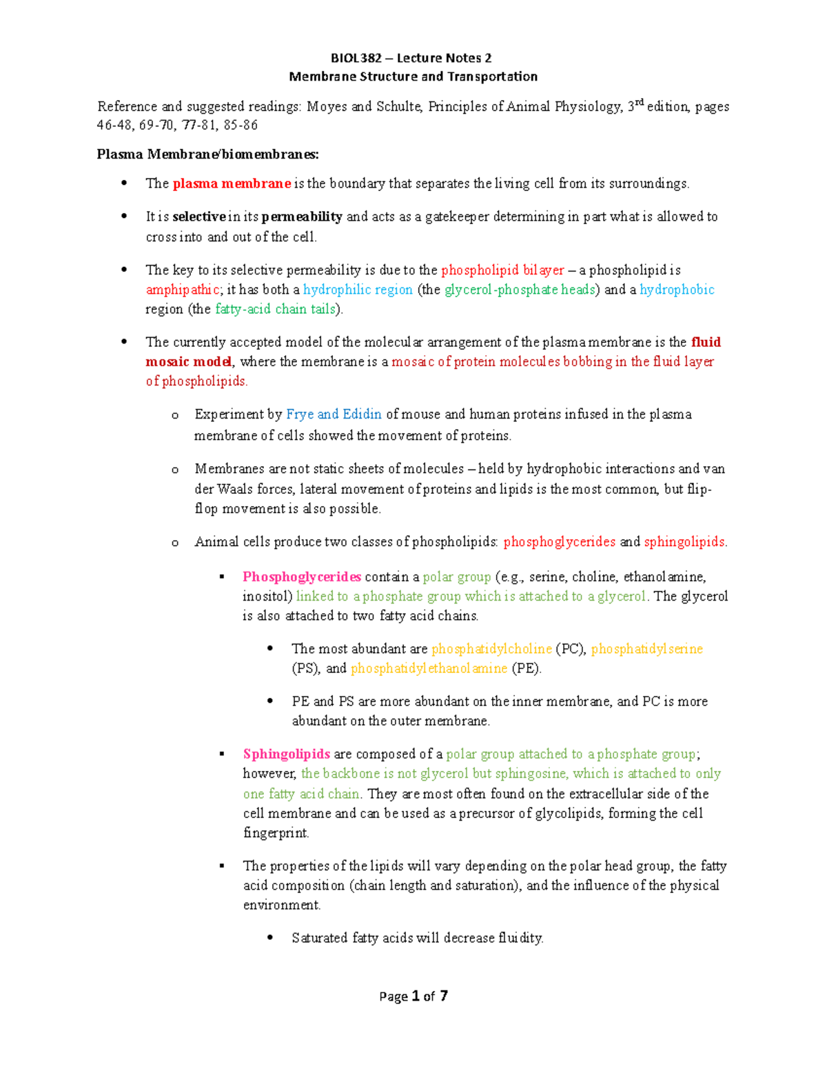 2 - 382 - Lecture notes - Membrane Structure and Transportation ...