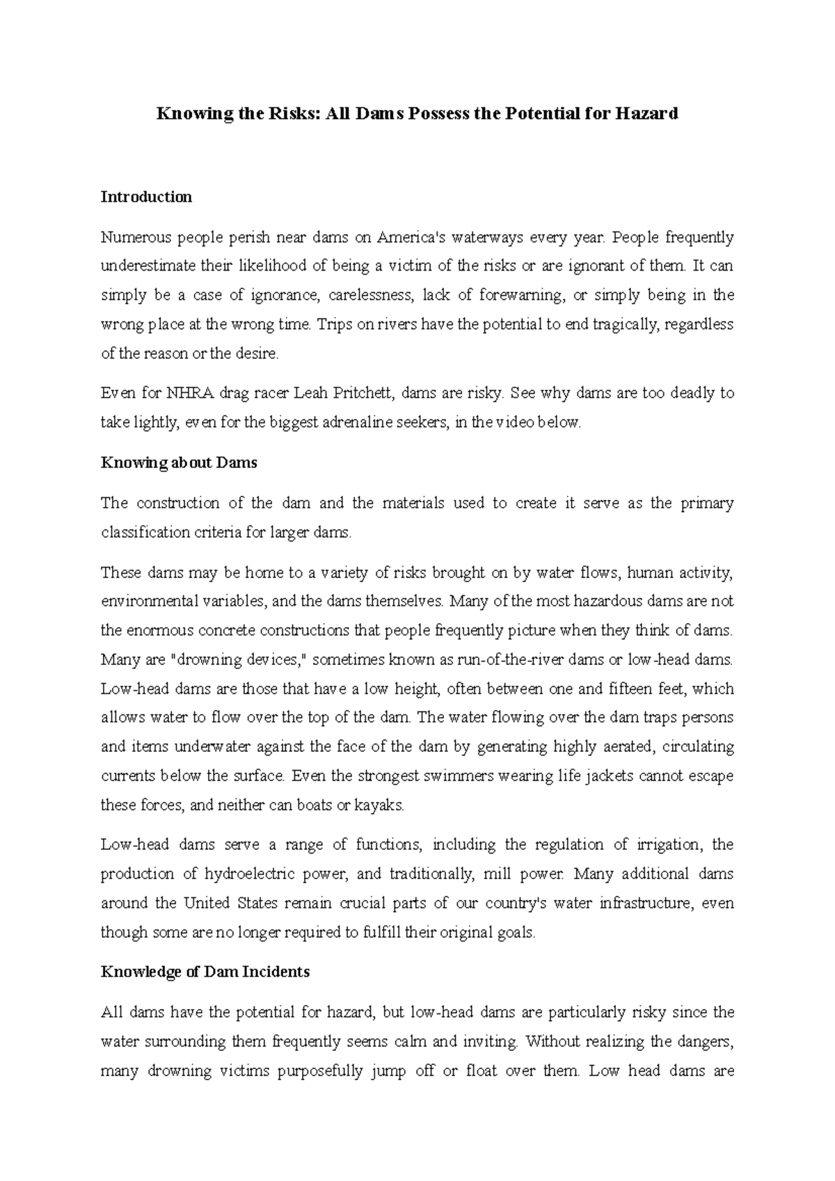 Summary 3a - example of summarizing. - Knowing the Risks: All Dams ...