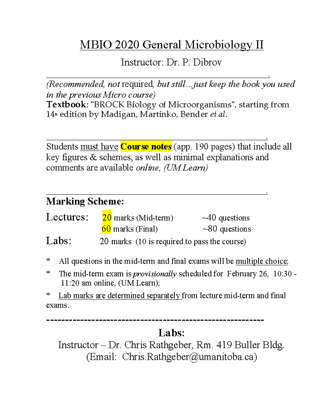 MBIO-2020 Lecture 01 - MBIO 2020 General Microbiology II Instructor: Dr. P. Dibrov ...