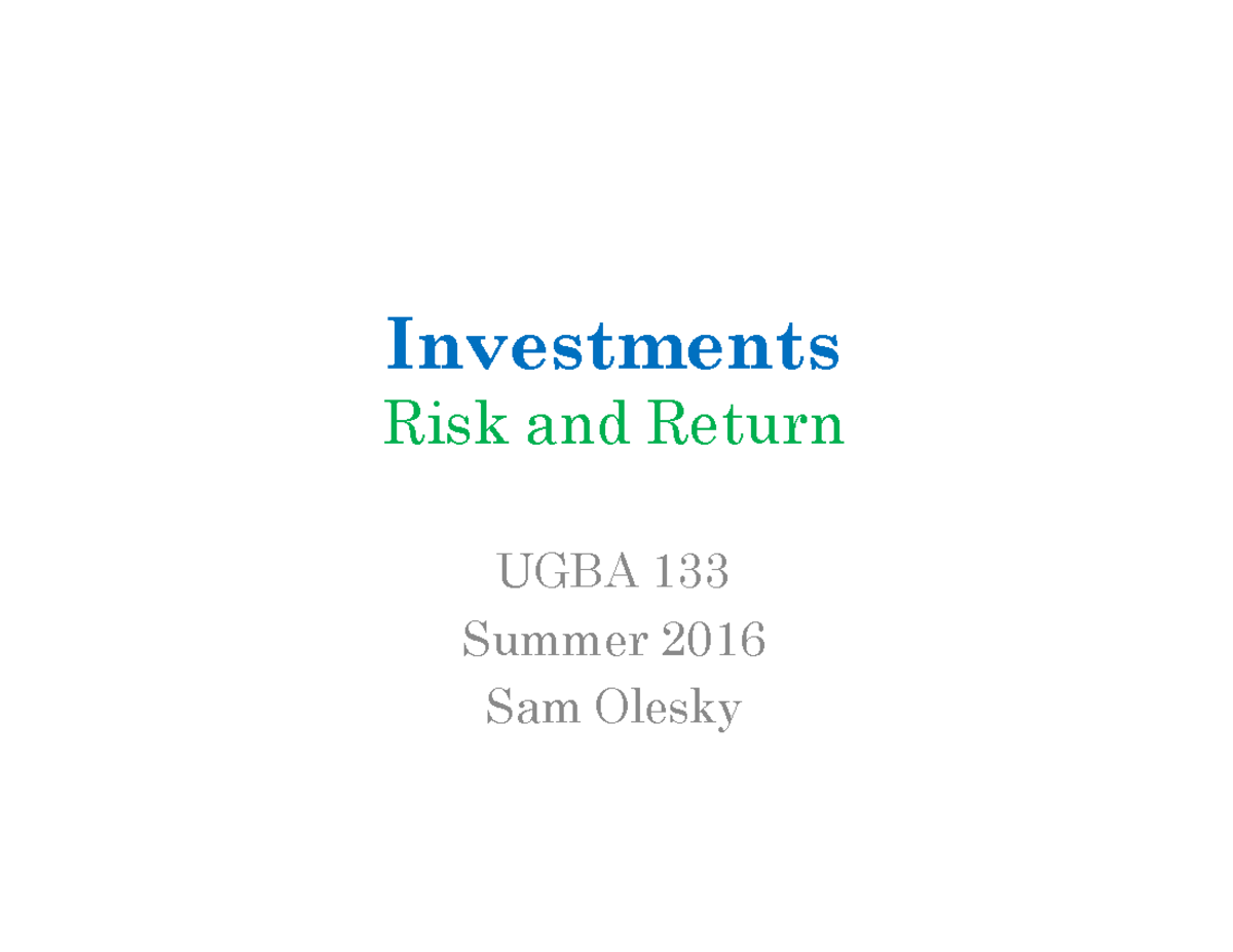 2) Risk and Return - Lecture notes 2 - Investments Risk and Return UGBA ...