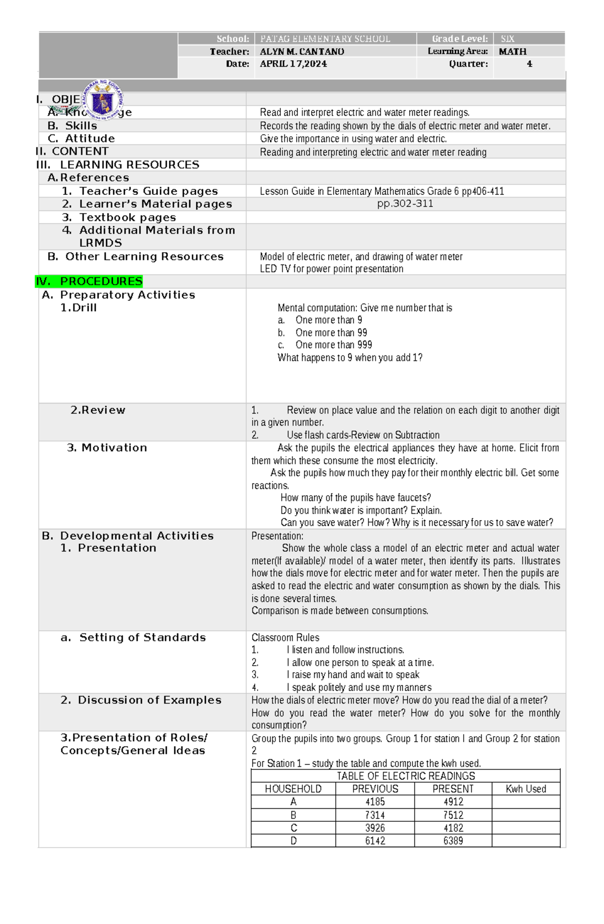 MATH-6-COT - COT - I. OBJECTIVES A. Knowledge Read and interpret ...