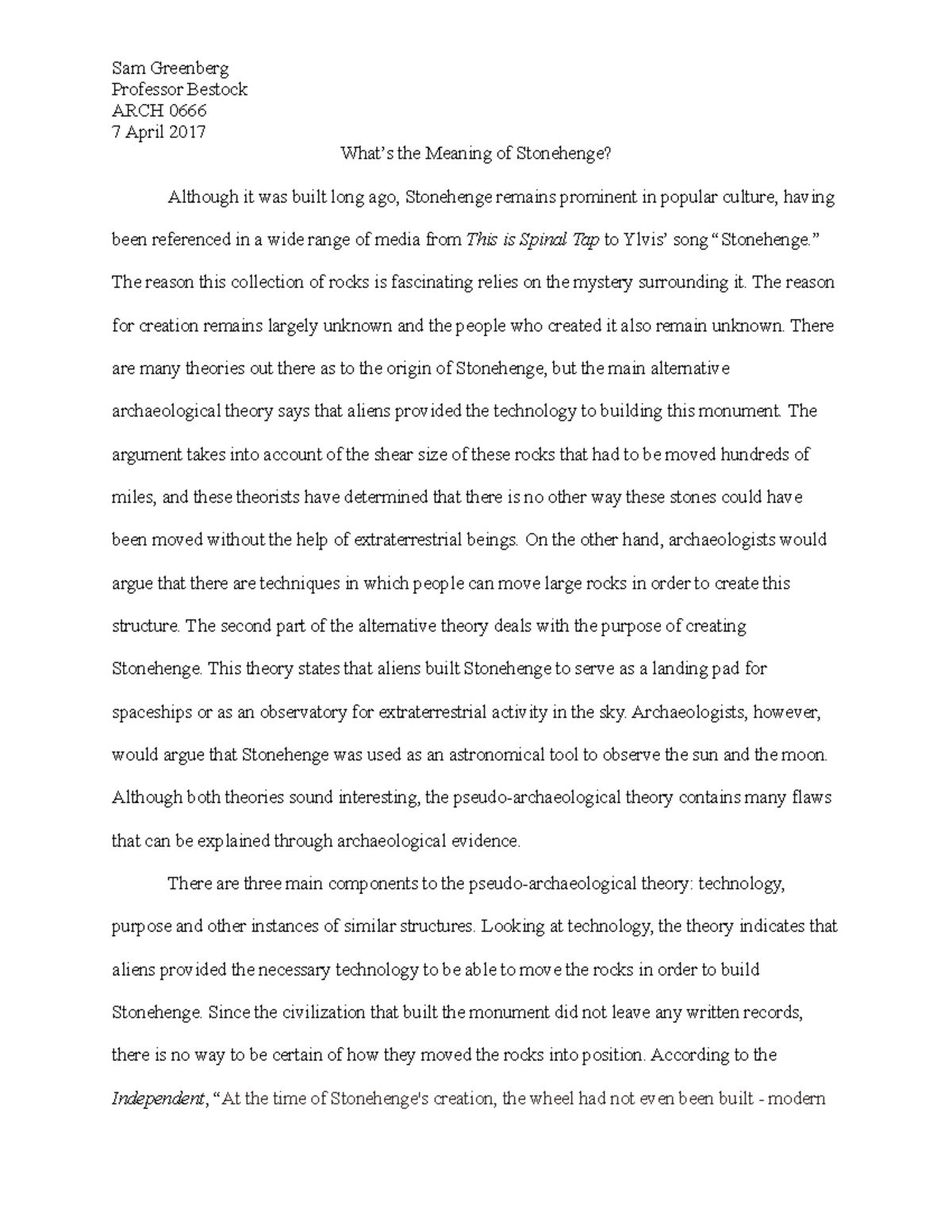 Stonehenge Paper - Grade: A - Sam Greenberg Professor Bestock ARCH 0666 ...