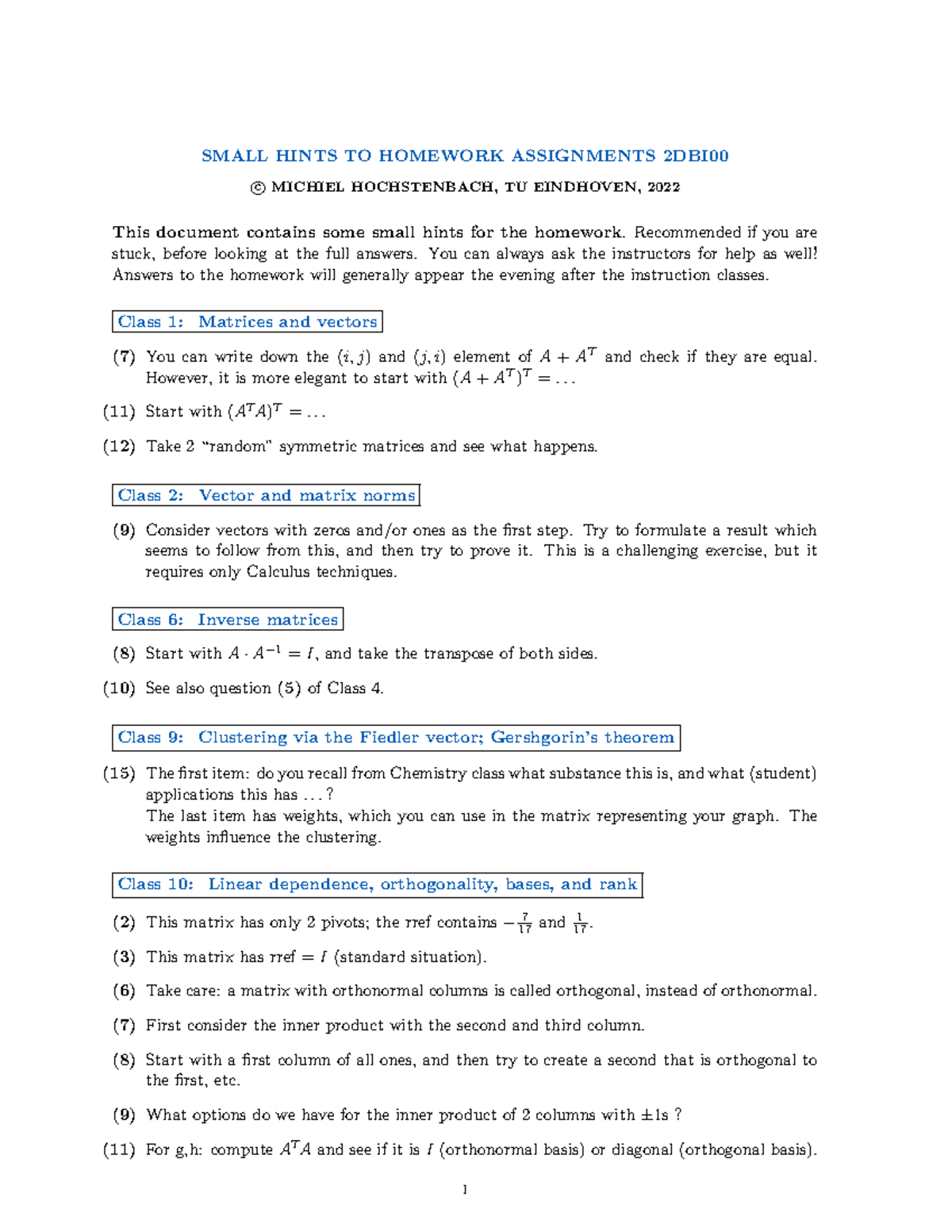 Small-hints-2DBI00 - hints for the exam of linear algebra - SMALL HINTS TO HOMEWORK ASSIGNMENTS ...