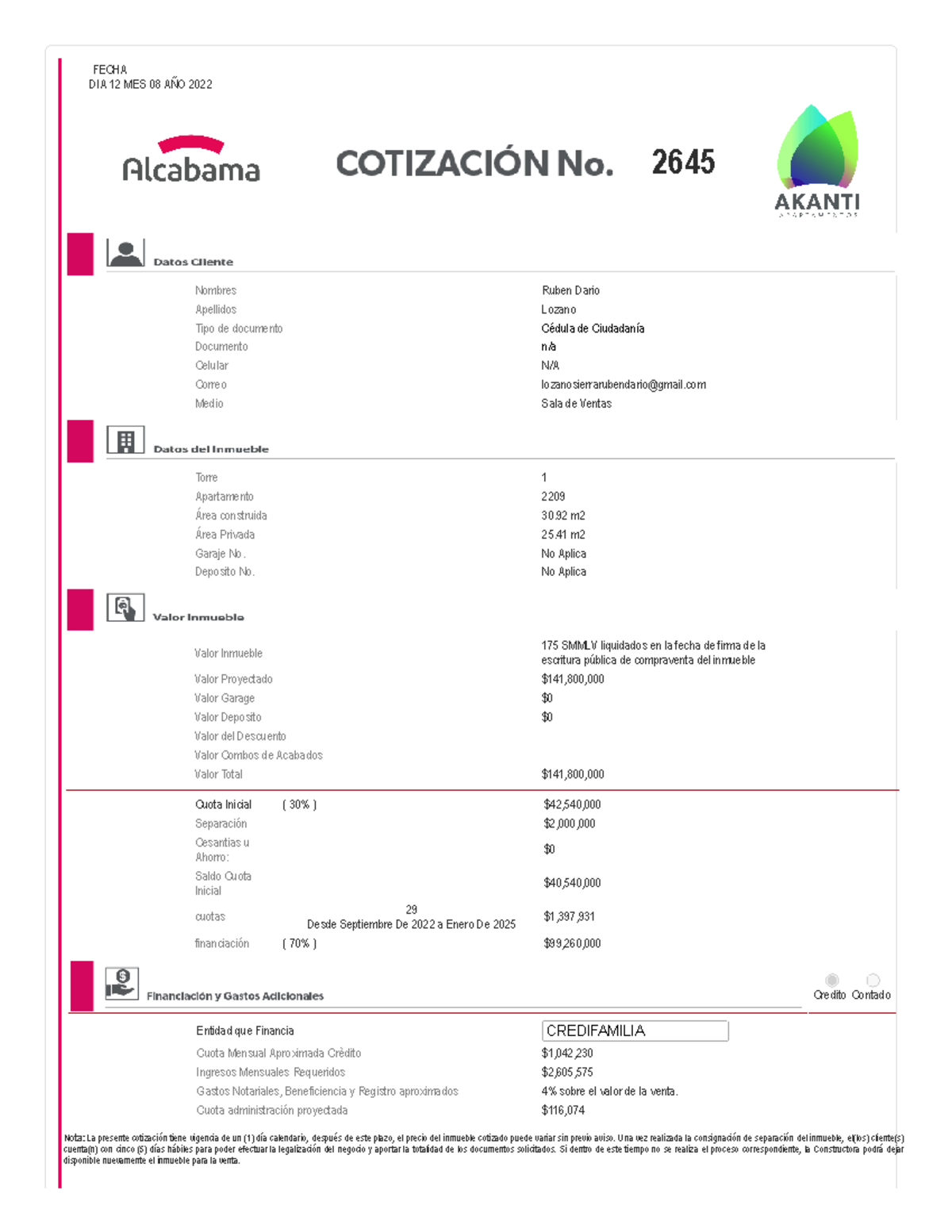 Cotizaciones Akanti 2022 Ruben Lozano - Valor Inmueble 175 escritura ...