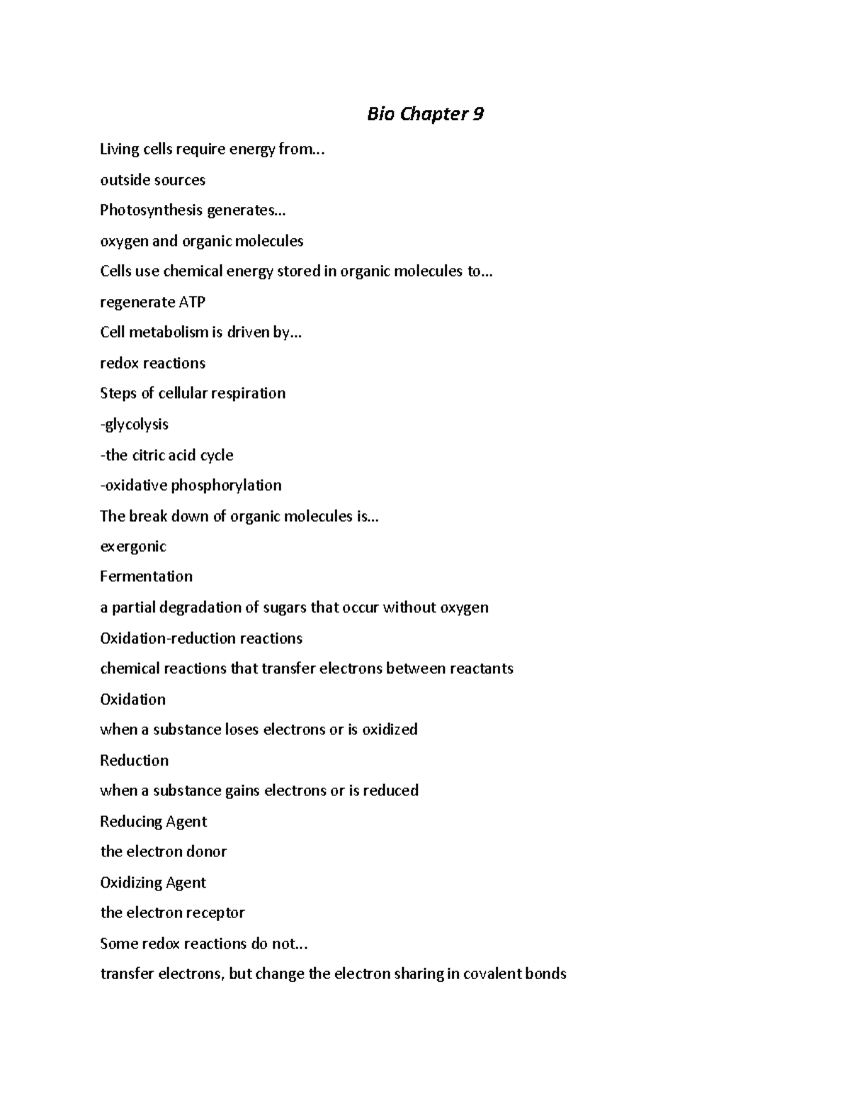 Biology Lesson Chapter 9 - Bio Chapter 9 Living cells require energy ...