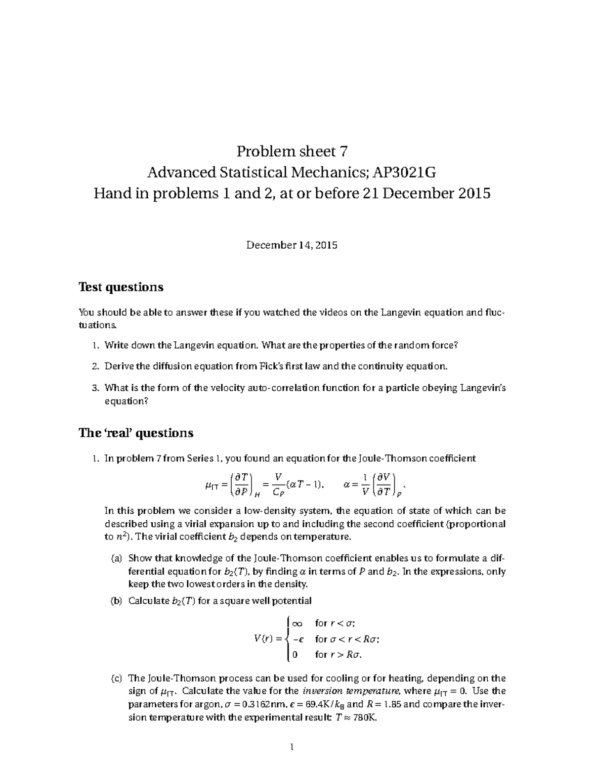 Assignment Week 7 - Problem sheet 7 Advanced Statistical Mechanics ...