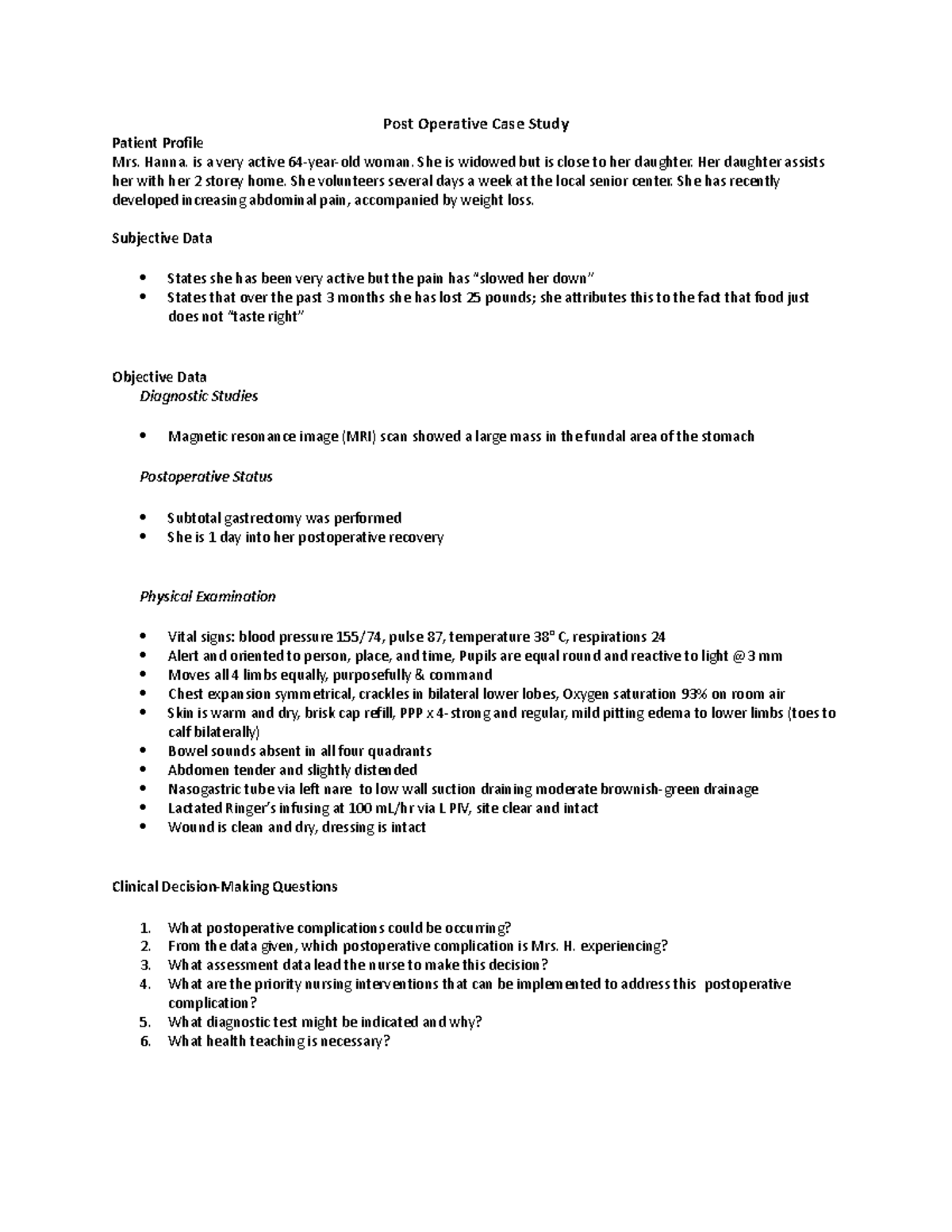 Case study post op - Post Operative Case Study Patient Profile Mrs ...