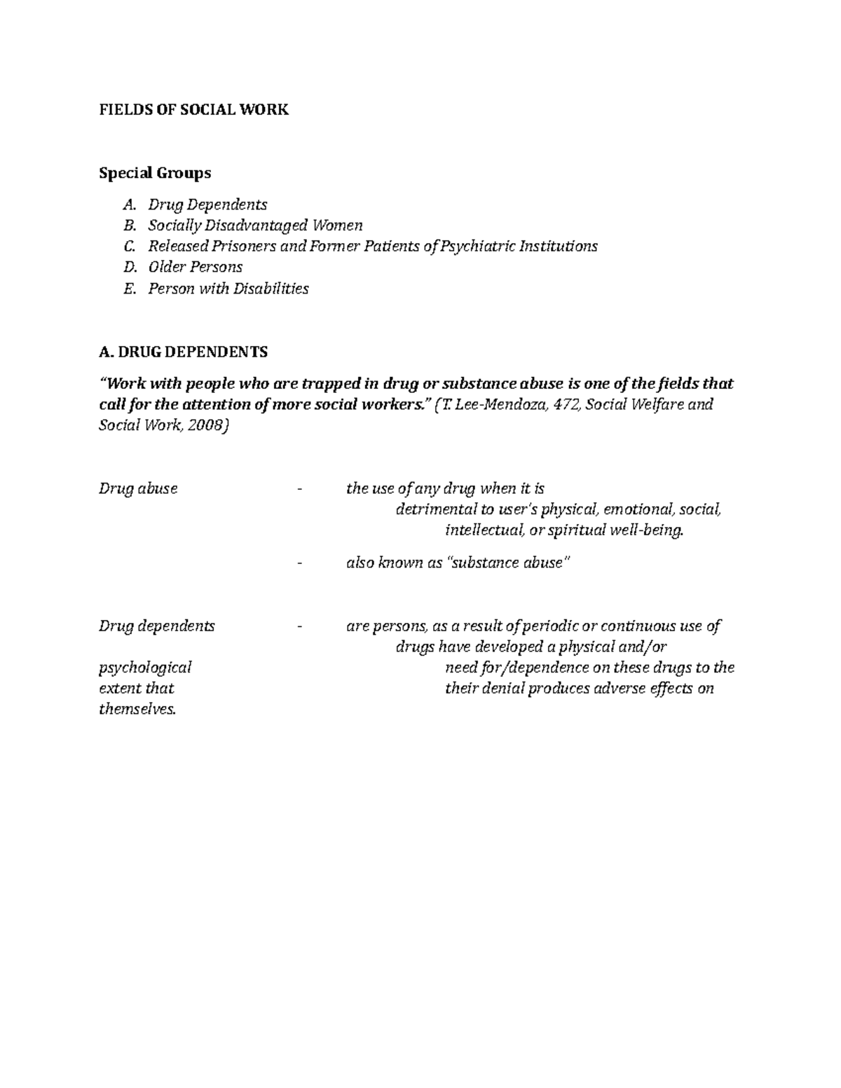 Fields OF Social WORK report - FIELDS OF SOCIAL WORK Special Groups A ...