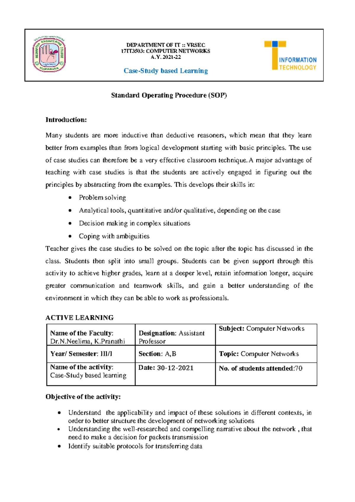 Neelima Case based learning - Standard Operating Procedure (SOP ...
