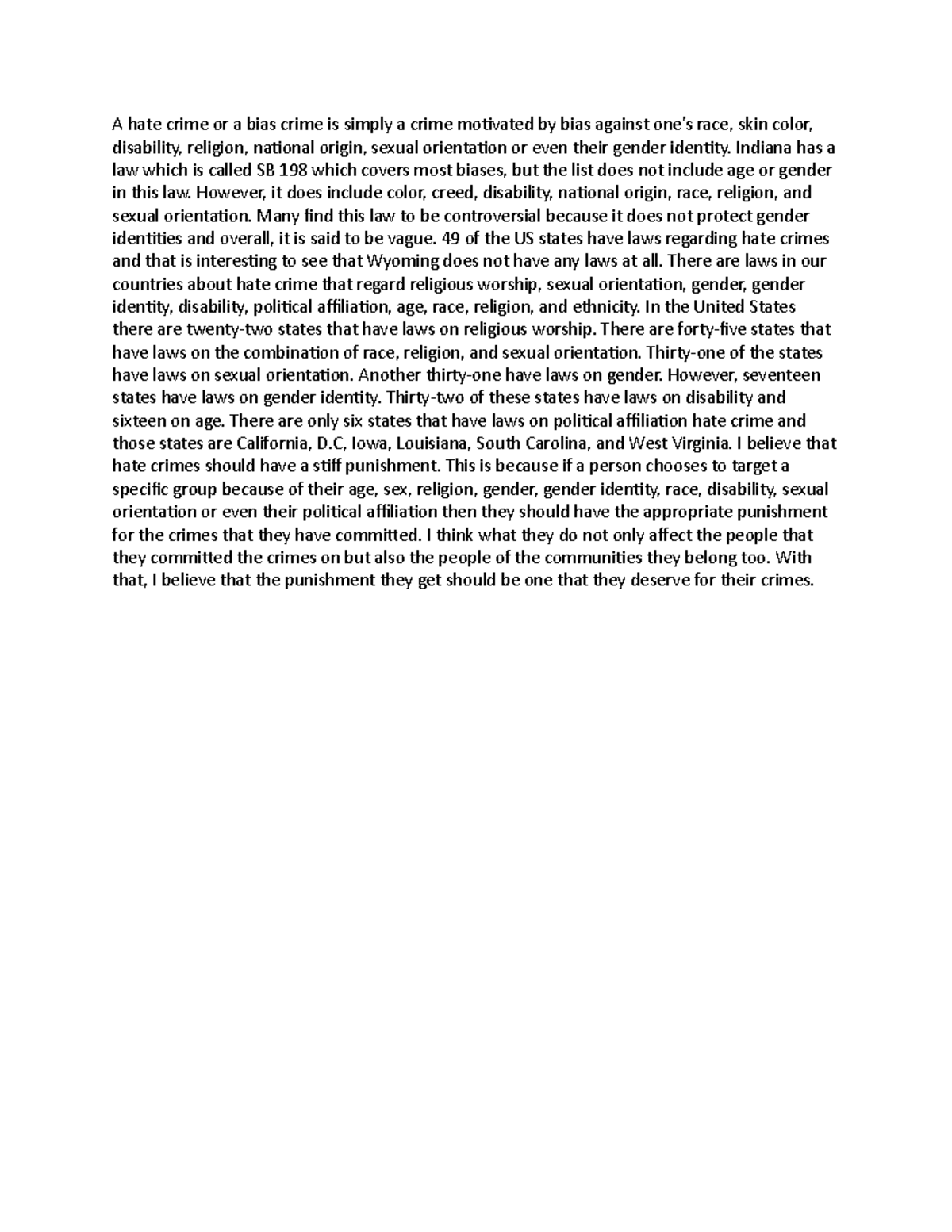 Reflection 2 - Brandon Waite - A hate crime or a bias crime is simply a ...