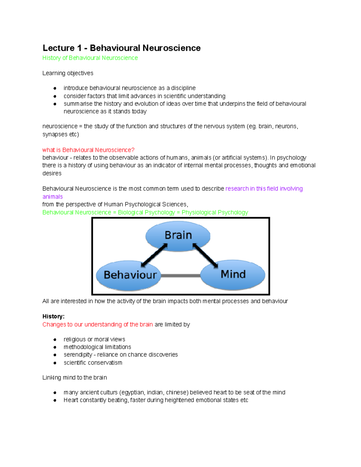 Lecture 1-6 - Behavioural Neuroscience notes - Lecture 1 - Behavioural ...