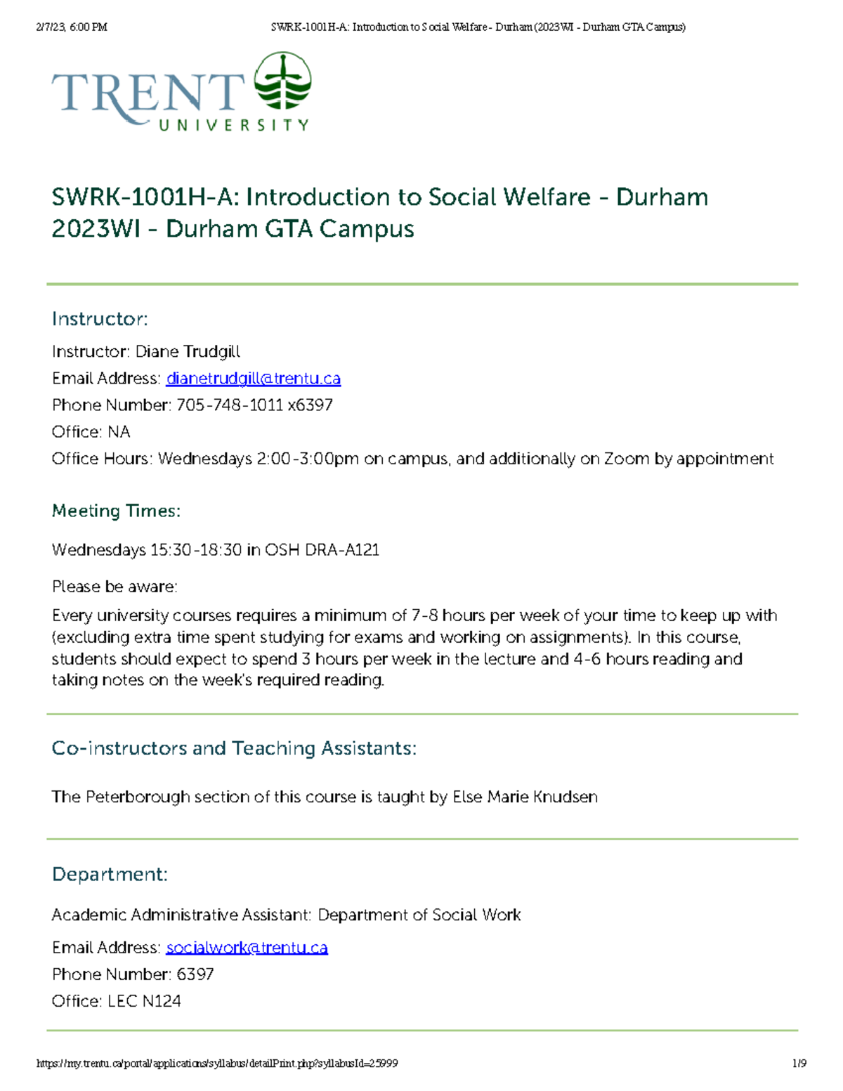 SWRK-1001H-A Introduction to Social Welfare - Durham (2023WI - Durham ...