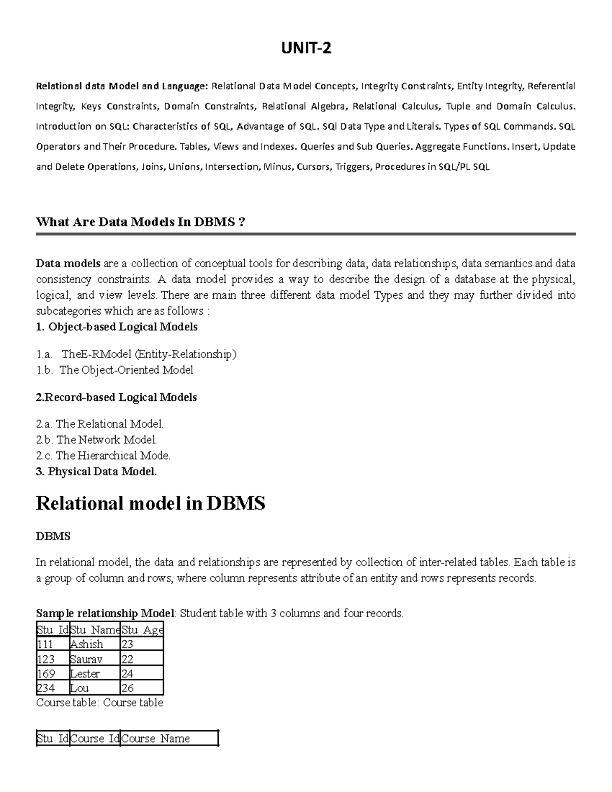 Dbms Unit 2 Notes Nothing Unit Relational Data Model And Language Relational Data Model