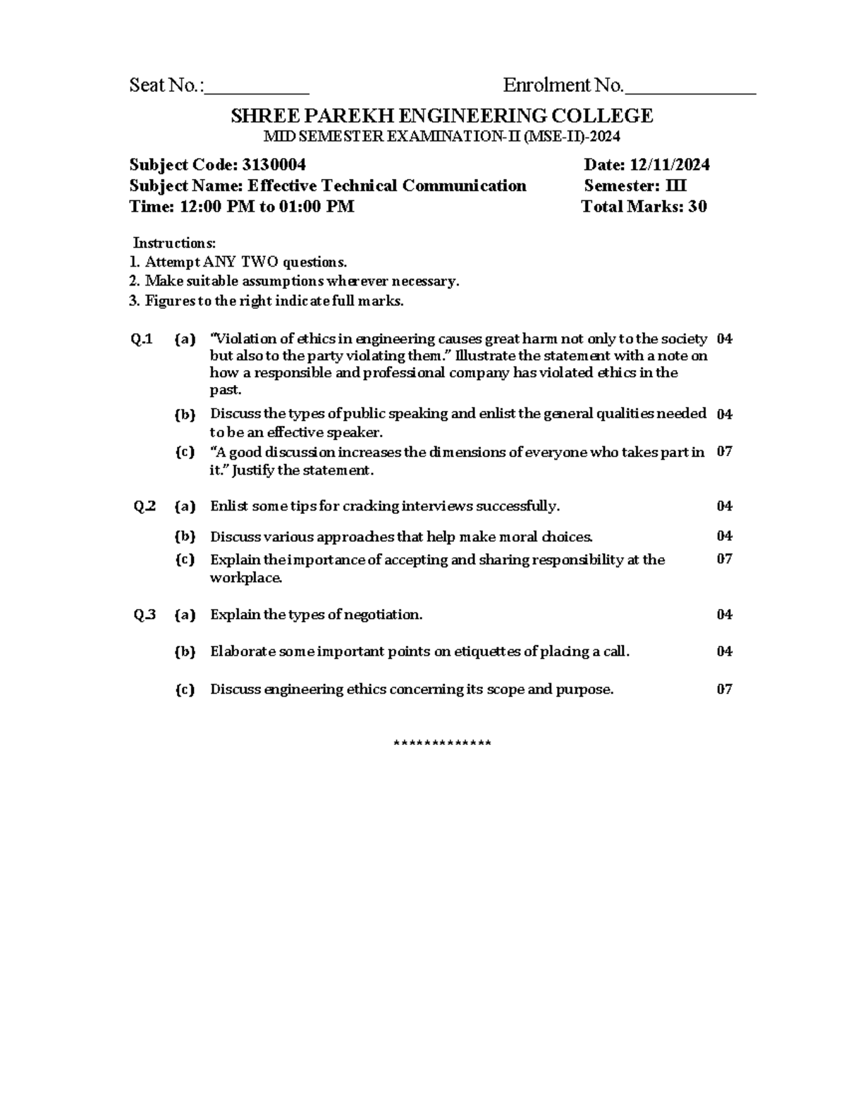 ETC MSE-2 Paper (2024-25) - Seat No.: Enrolment No. SHREE PAREKH ...