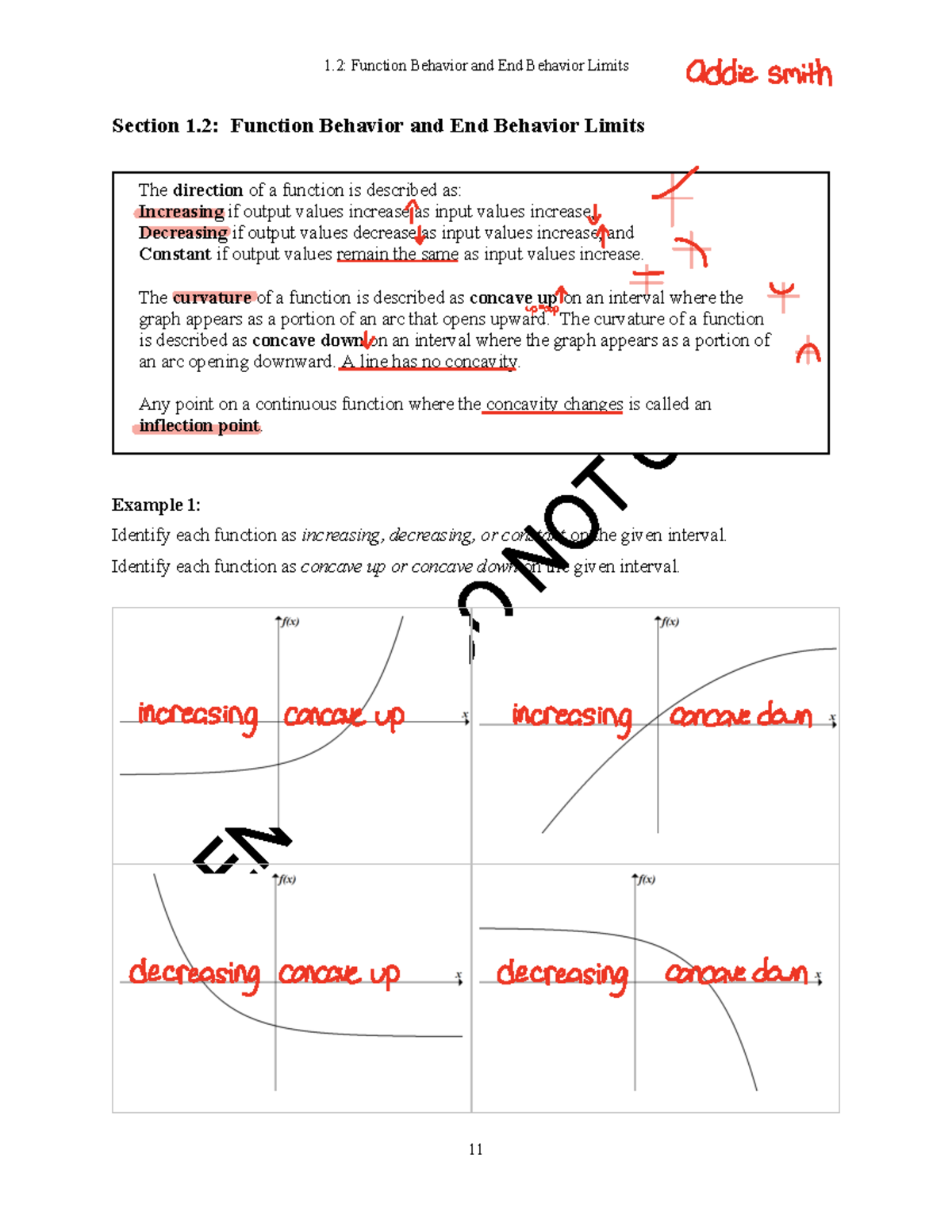 1.2 lecture check - Section 1: Function Behavior and End Behavior Limits Example 1: Identify ...