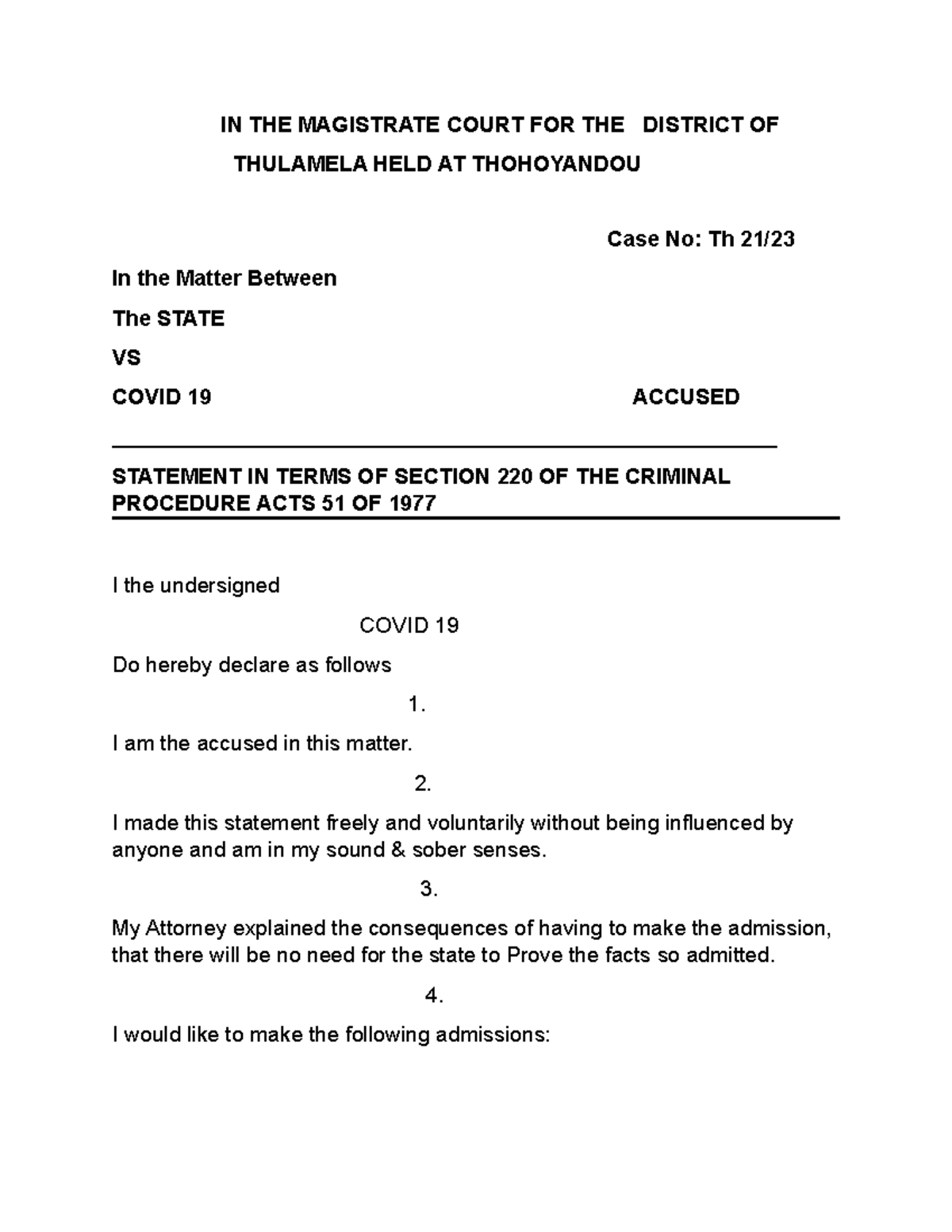 Section 220 Admissions - IN THE MAGISTRATE COURT FOR THE DISTRICT OF ...