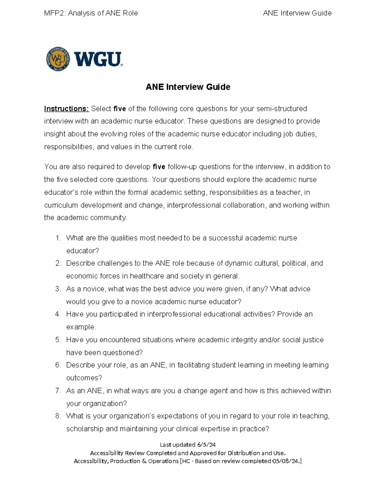 Interview Guide - 10 Core Questions - MFP2: Analysis of ANE Role ANE Interview Guide ANE ...