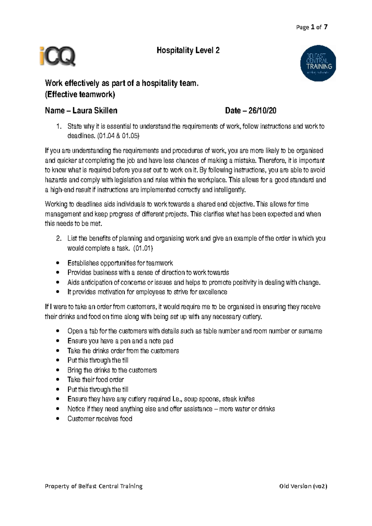 Working Effectively vo2 Laura Skillen - Hospitality Level 2 Work ...