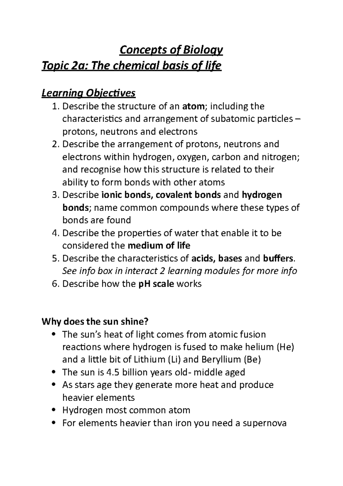 Bio third lecture - Concepts of Biology Topic 2a: The chemical basis of ...