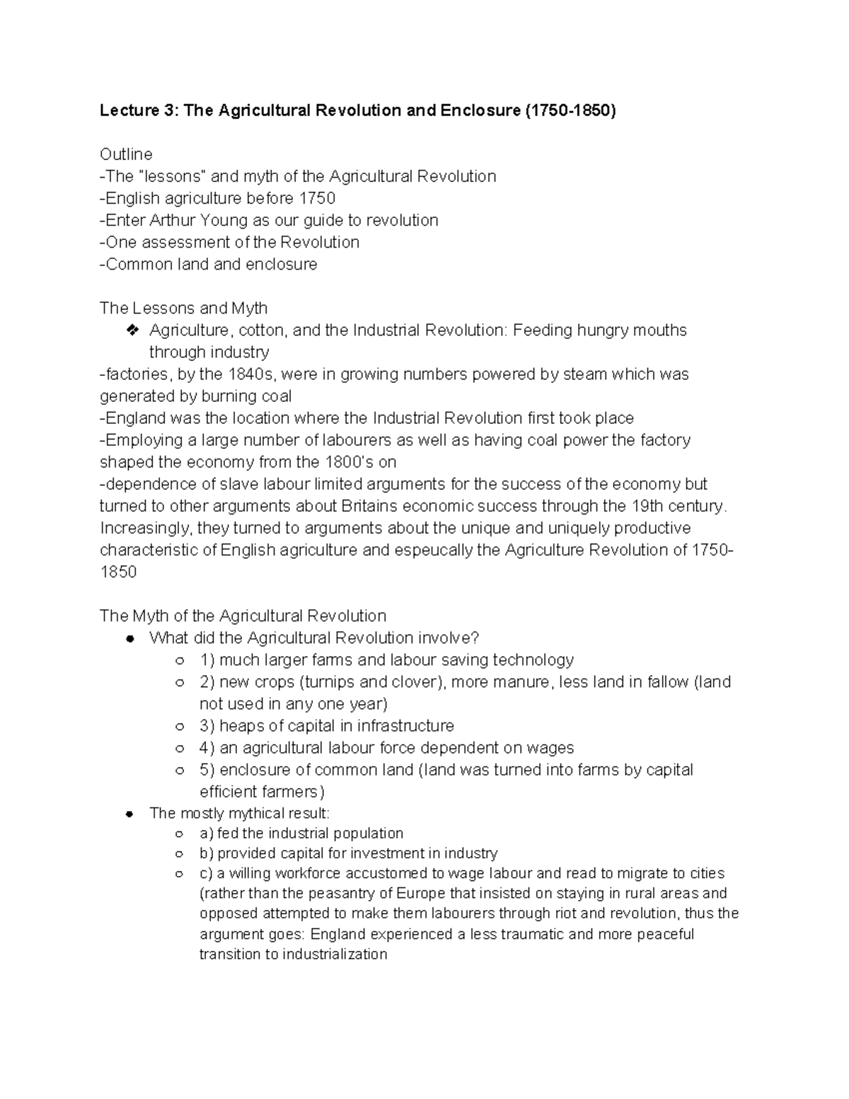 HIST 292 Lectue 3 Agricultural Revelution and Enclosure - Lecture 3 ...