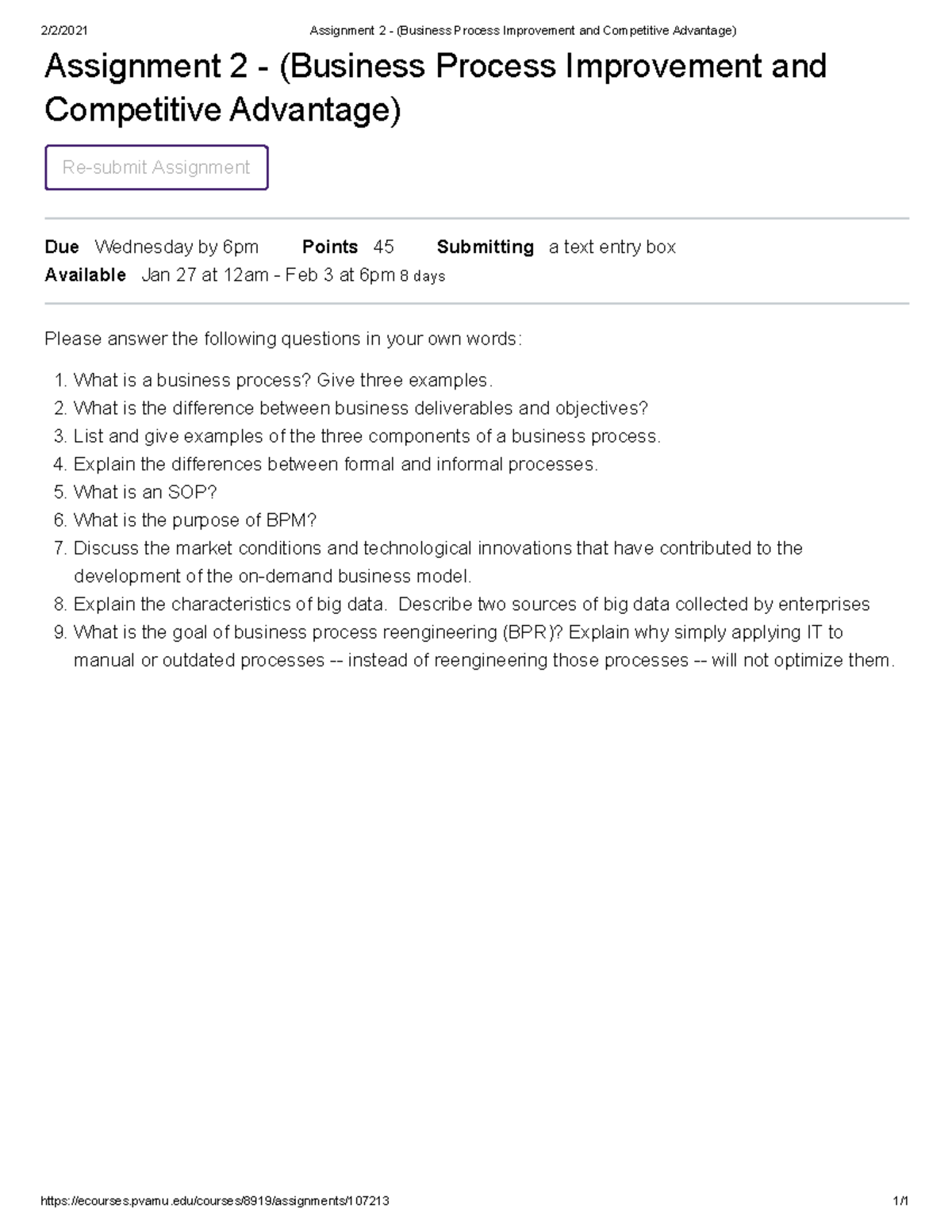 Assignment 2 - (Business Process Improvement and Competitive Advantage ...